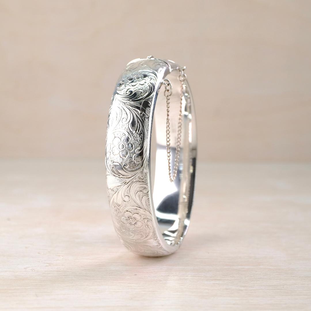 Vintage Silver Bangle Bracelet with Floral Engraving, Hallmarked in Bi – Smithsonia