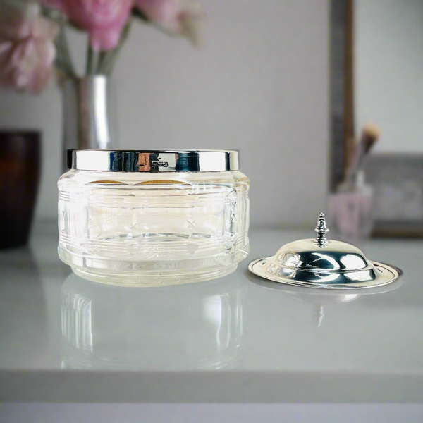 Antique Silver Topped Glass Dressing Table Tidy, Hallmarked in Chester ...